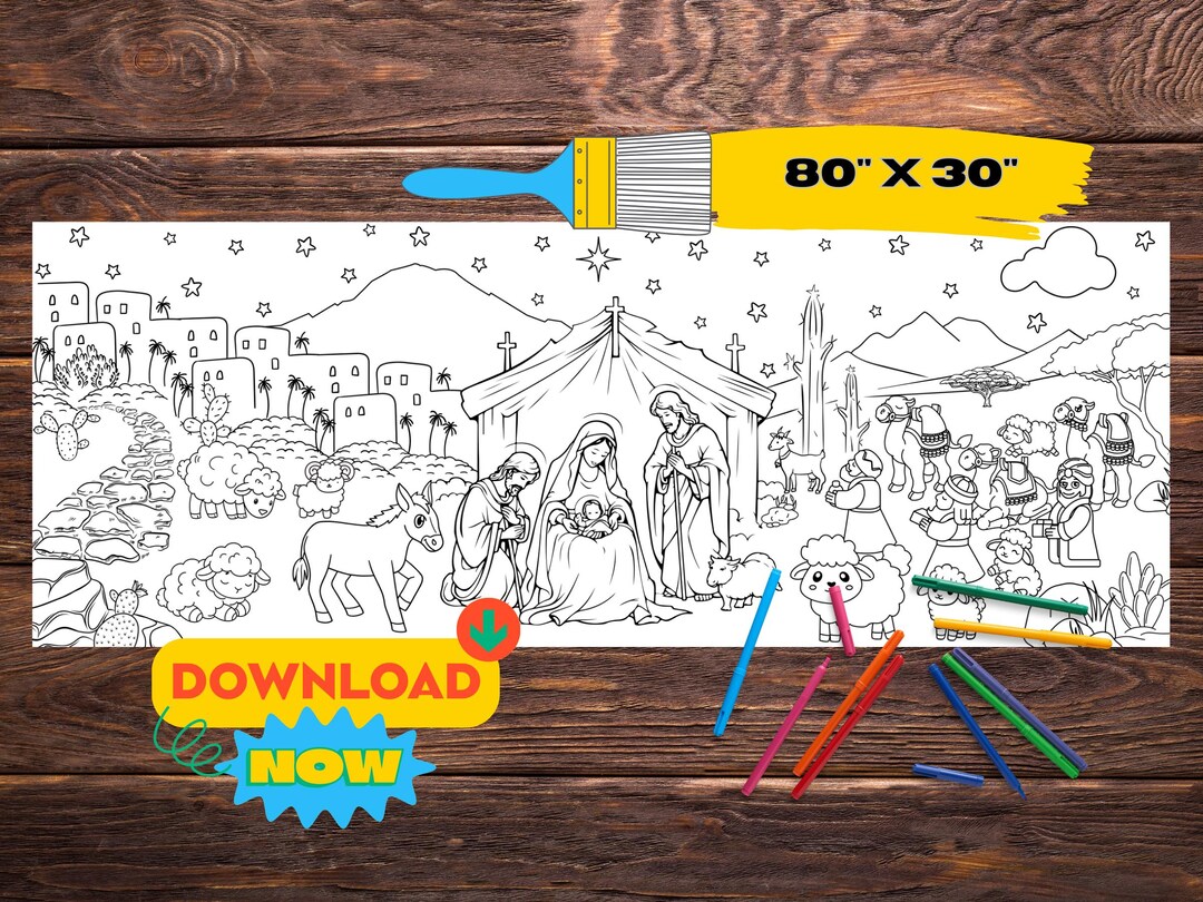 Nativity Scene Giant Coloring Banner | Big Printable Coloring Page ...