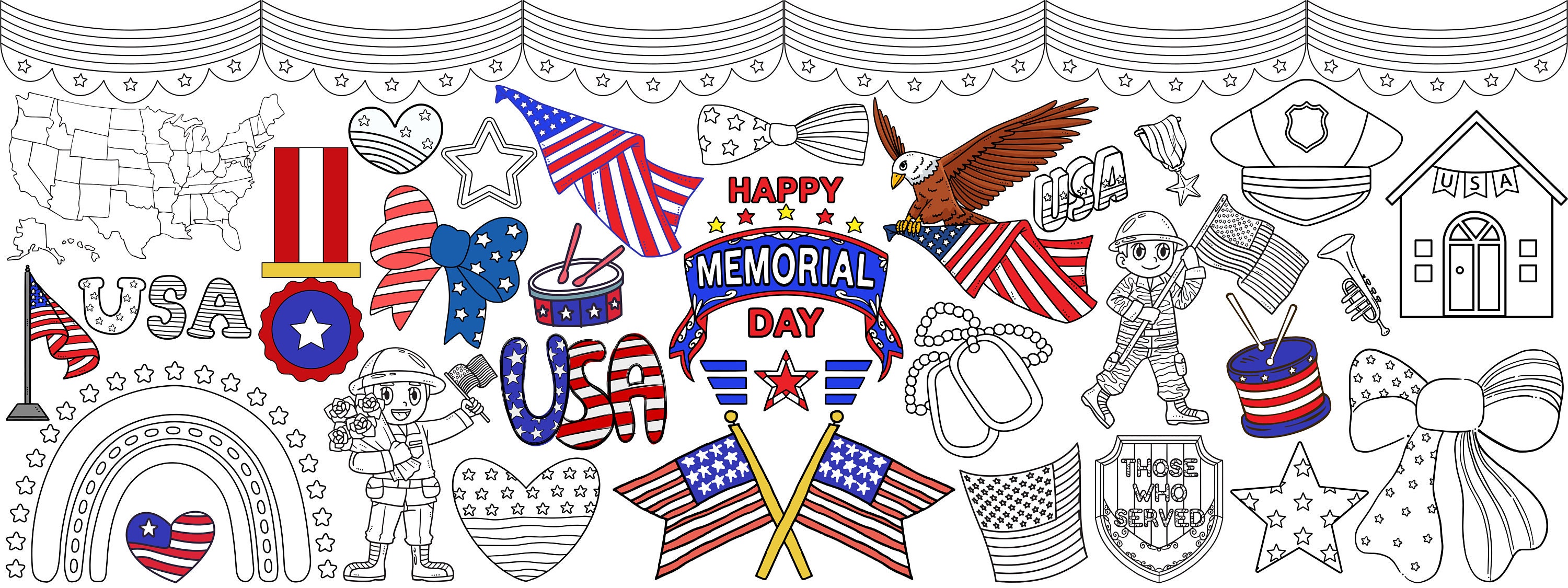 Memorial Day Coloring Banner | Big Printable Coloring Page | Paper ...