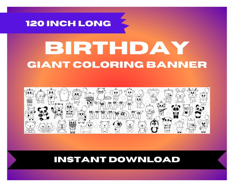 Printable Birthday Coloring Banner Cute Animals Big Activity Sheet - Etsy