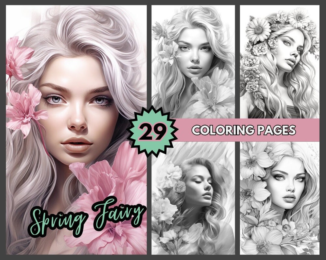 Spring Fairy Coloring Pages Floral Beauties Grayscale Coloring Book ...