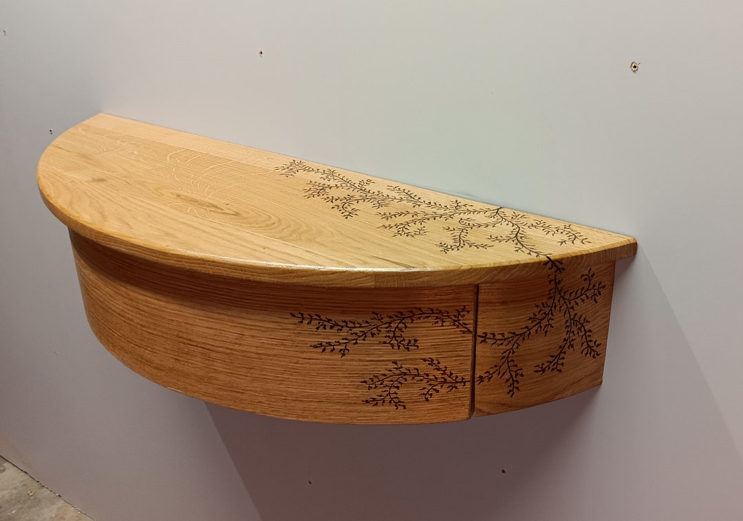 Oak Half-moon Floating Console With Drawer, Decorative Pyrography ...