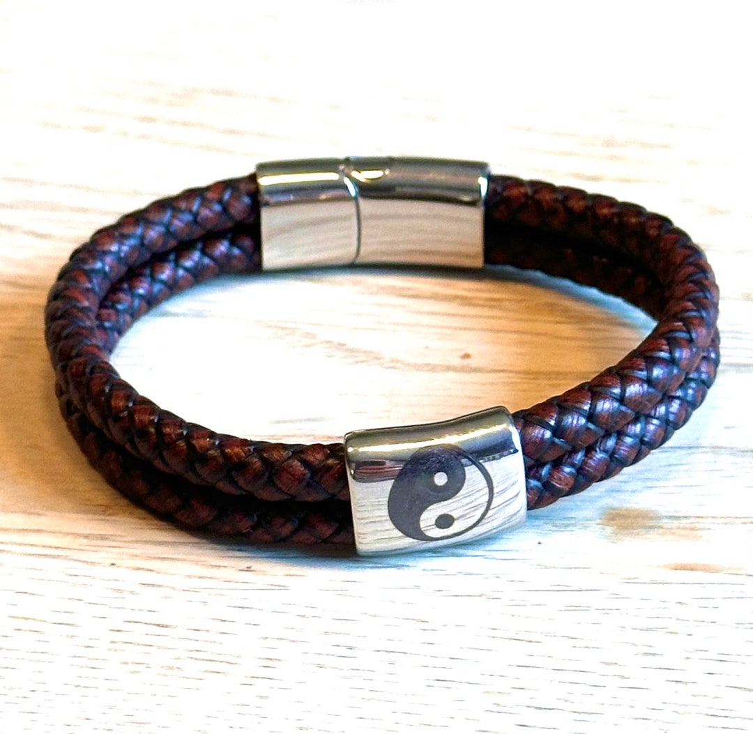 Yin Yang Leather Bracelet | Dual Brown Leather Cord | Rustic Mens's ...