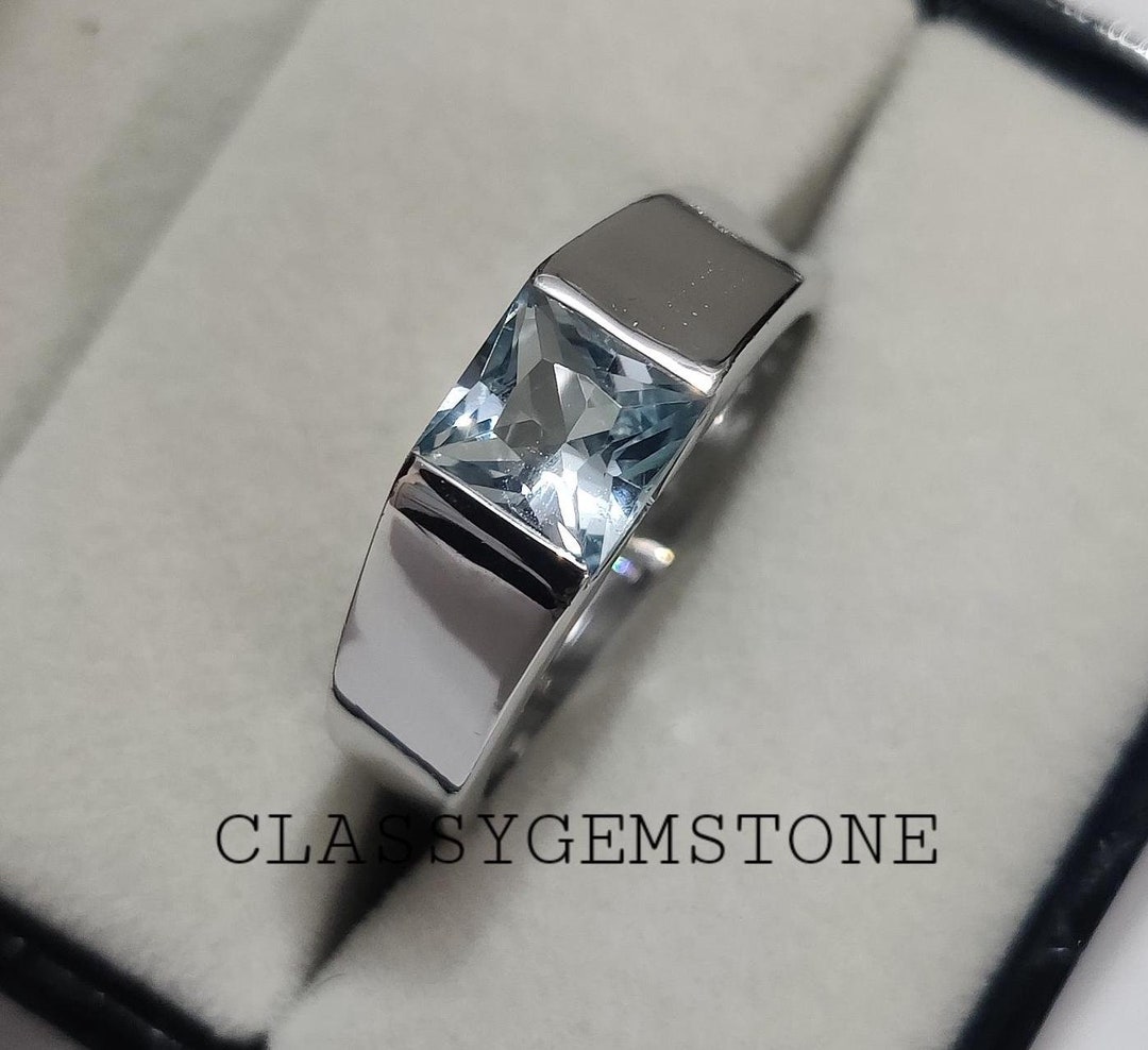 Aquamarine Princess Cut Ring for Men 925 Sterling Silver Ring for Men ...