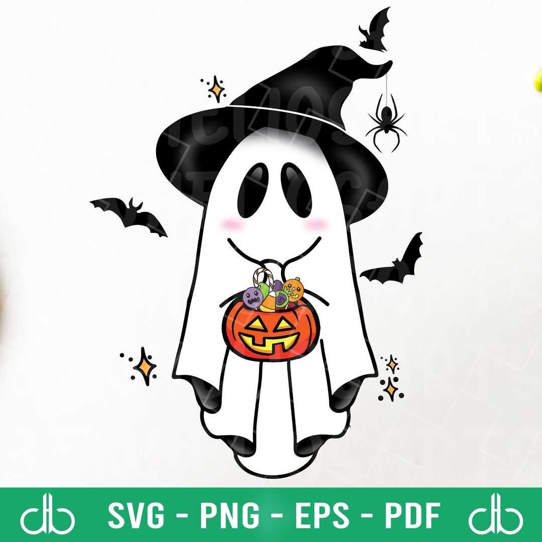 Ghost Holding Pumpkin Bucket SVG, Ghost Candy Bucket SVG, Ghost Candy ...