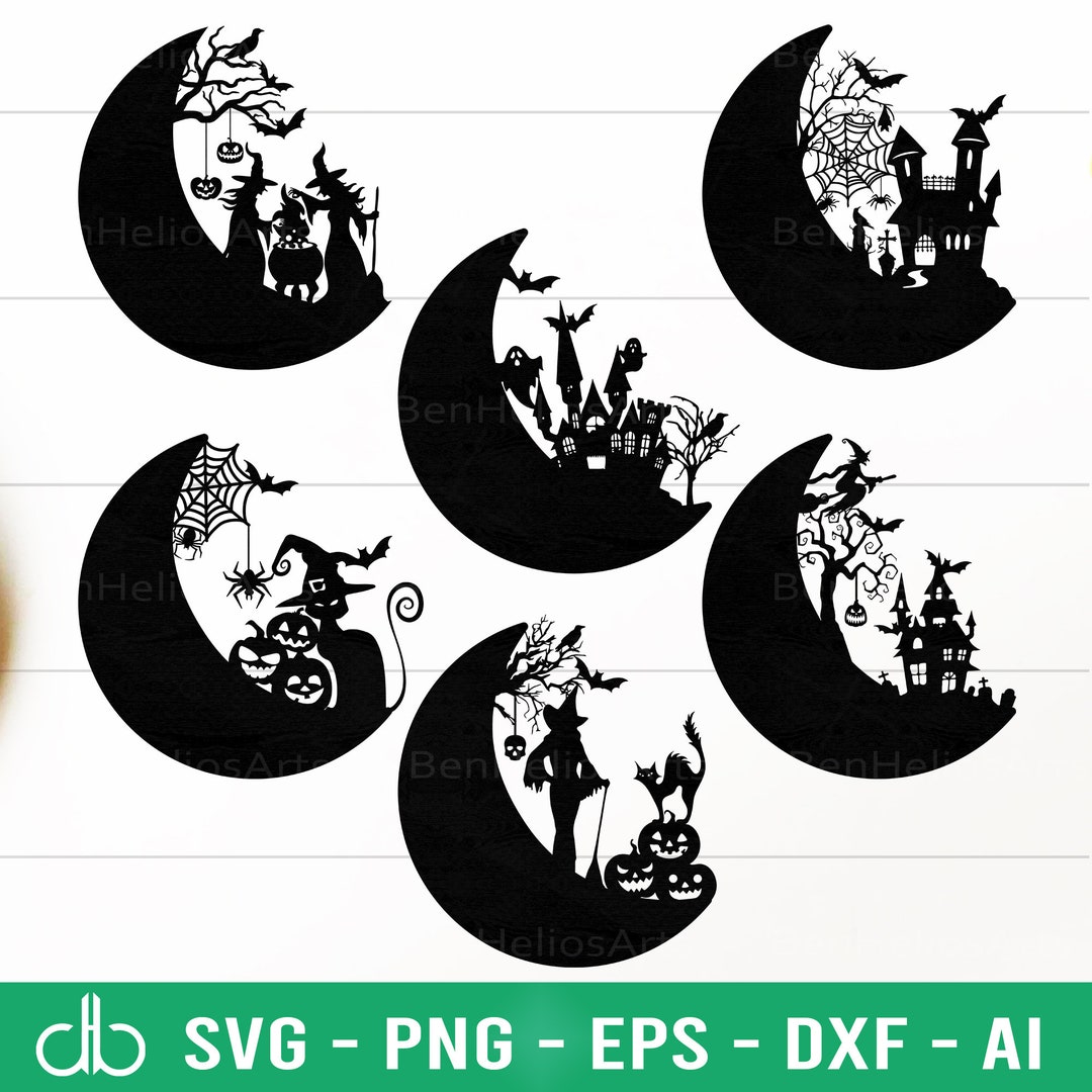 Halloween Moon SVG Bundle, Halloween Moon Scene SVG, Moons SVG, Haunted ...