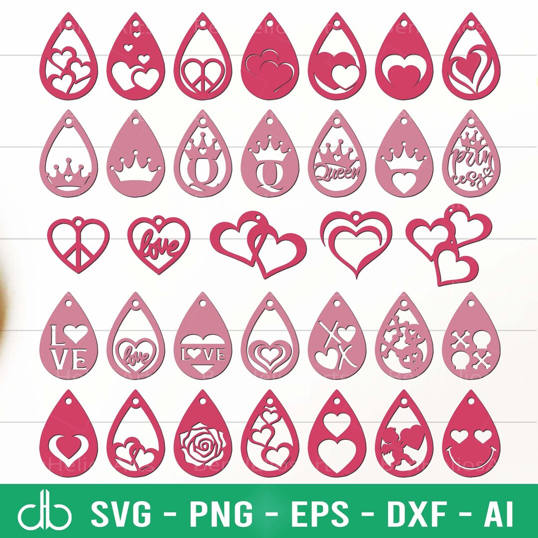 Valentine Earrings Bundle SVG, Valentine Teardrop Earrings SVG, Heart ...