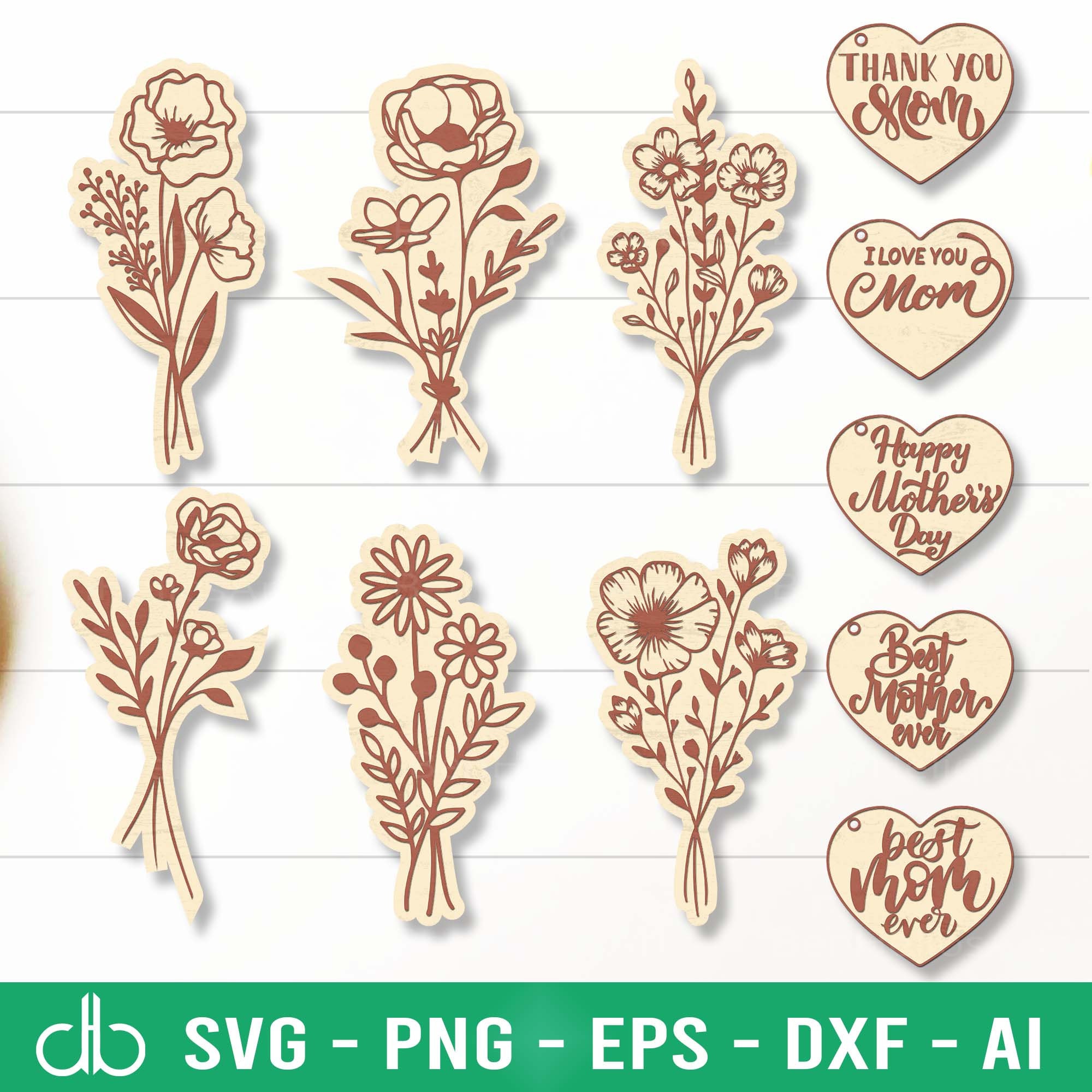Mother's Day Flower Bouquet SVG Bundle, Mother's Day Tags SVG, Mother's ...