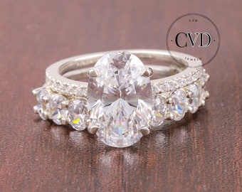 3CT Oval Cut Moissanite Engagement Ring 14K Gold Moissanite Bridal Ring Set for Her Wedding Set ...