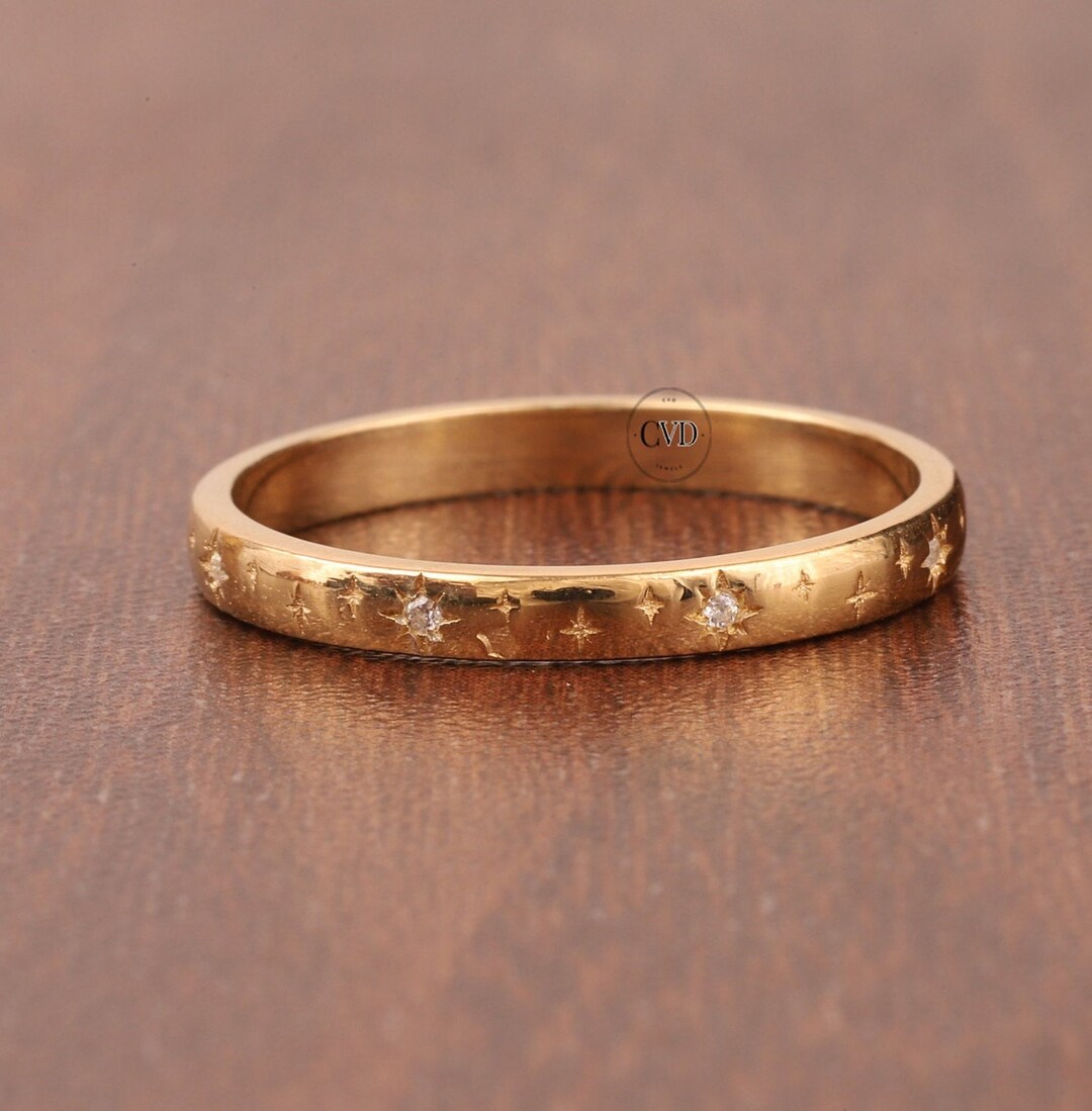 Moissanite Starburst Wedding Band Ring, 14k Solid Gold Dainty Star ...