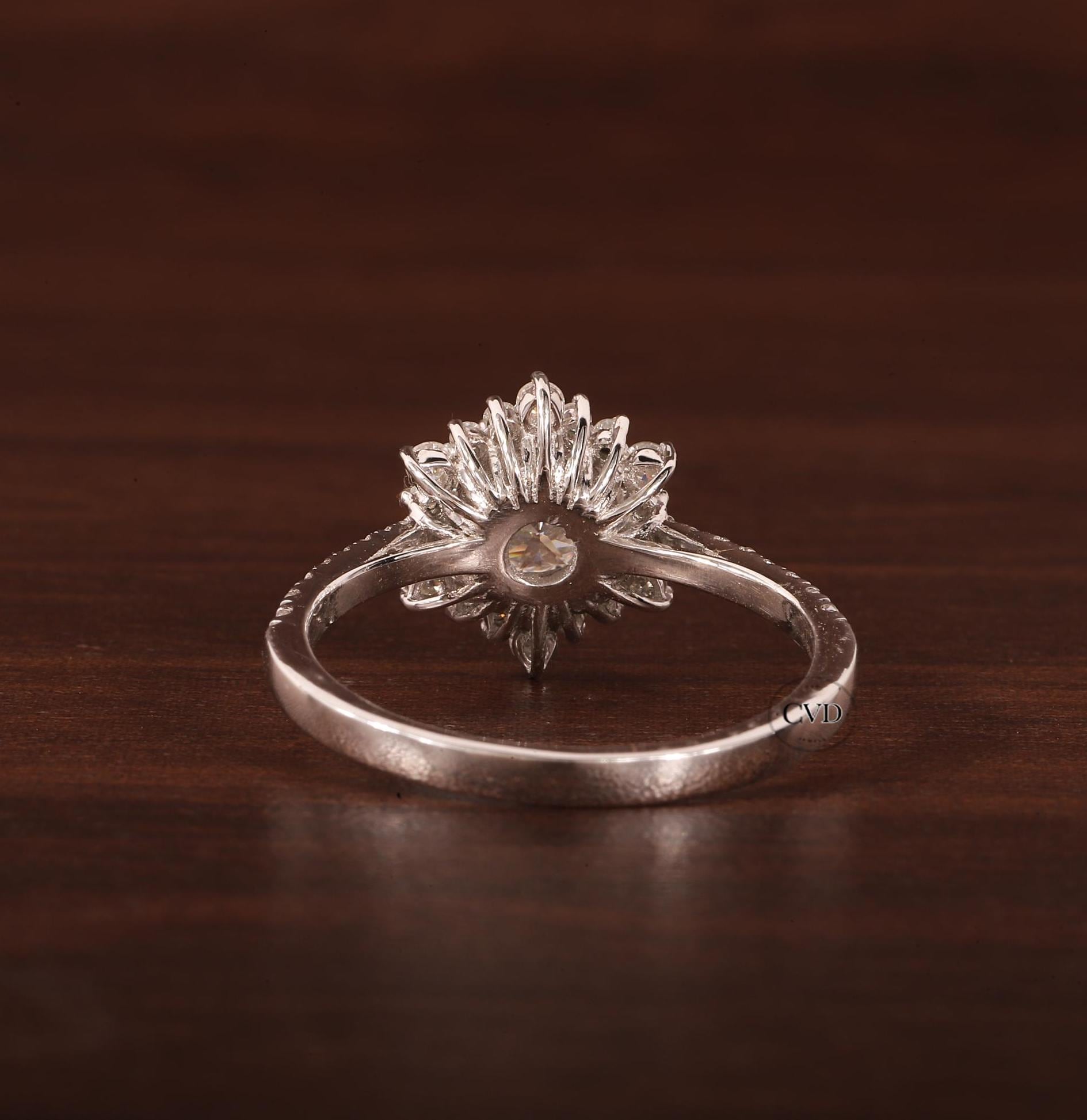 1 CT Starburst Round Cut Lab Grown Diamond Floral Halo Engagement Ring ...