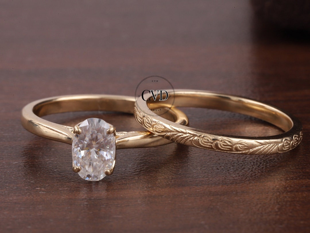 Oval Engagement Ring Set, 5*8MM Delicate Oval Solitaire Ring, 14K Solid ...