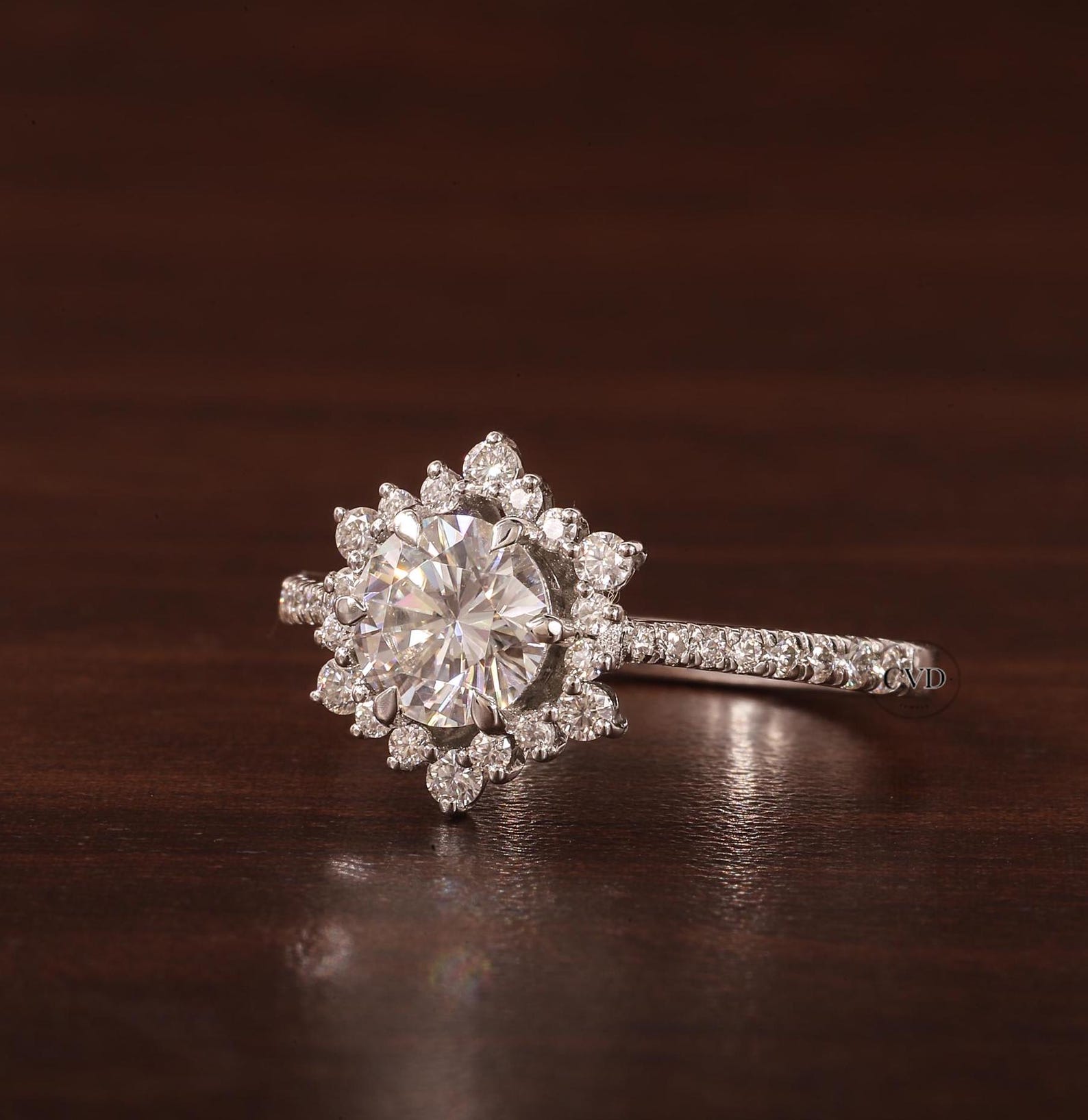 1 CT Starburst Round Cut Lab Grown Diamond Floral Halo Engagement Ring ...