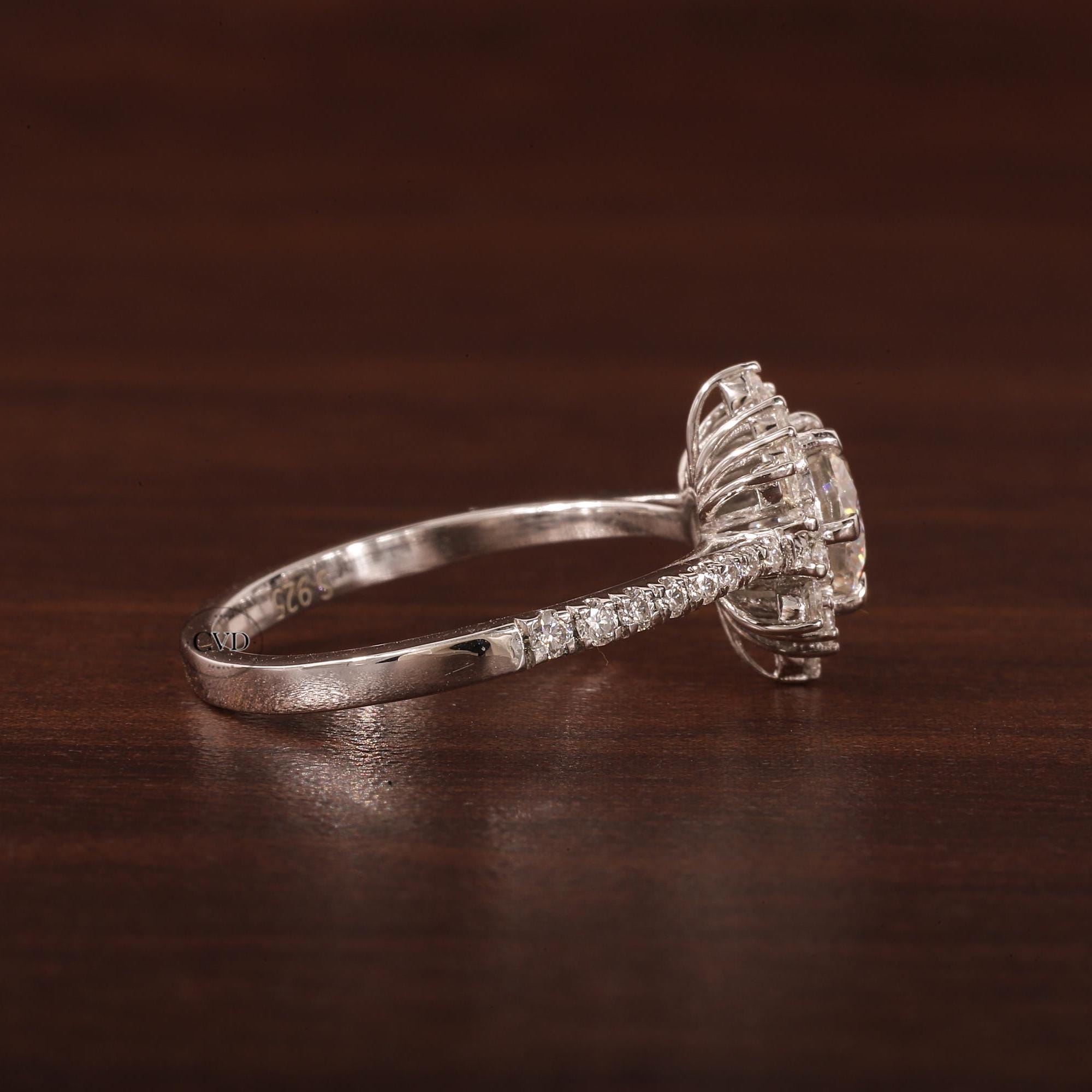 1 CT Starburst Round Cut Lab Grown Diamond Floral Halo Engagement Ring ...