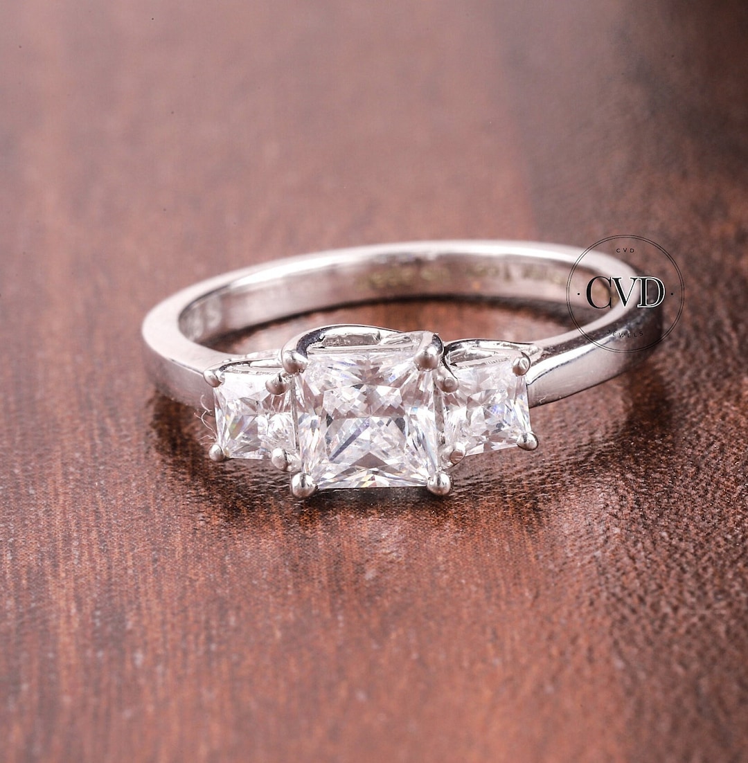 Three Stone Princess Cut Ring Engagement Wedding Band 14K or 18k White ...