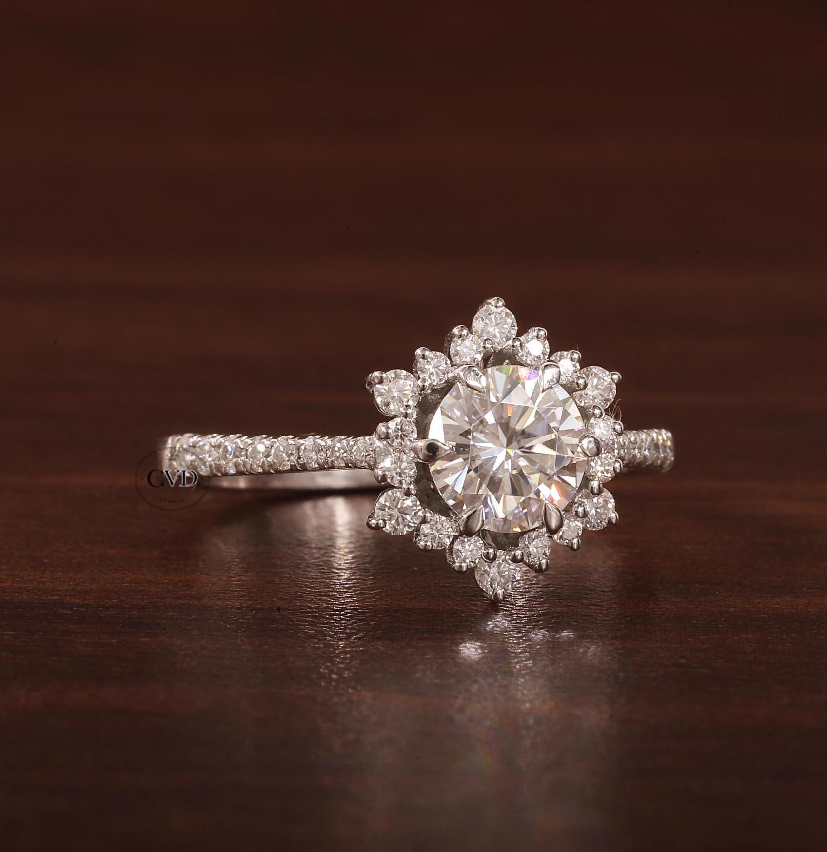 1 CT Starburst Round Cut Lab Grown Diamond Floral Halo Engagement Ring ...