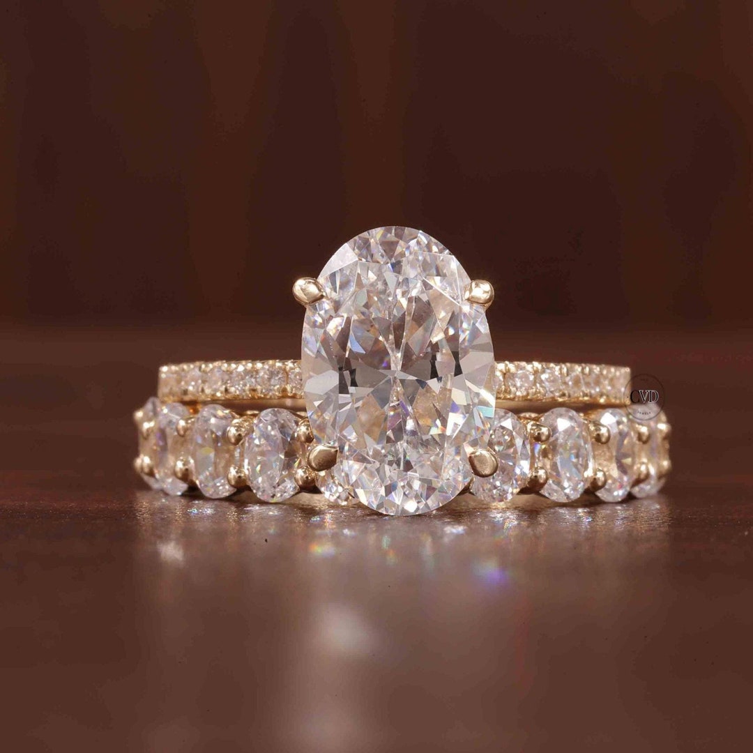 3 CT F/VS Oval Lab Grown Diamond Engagement Ring Set, 14K Gold Oval Cut ...