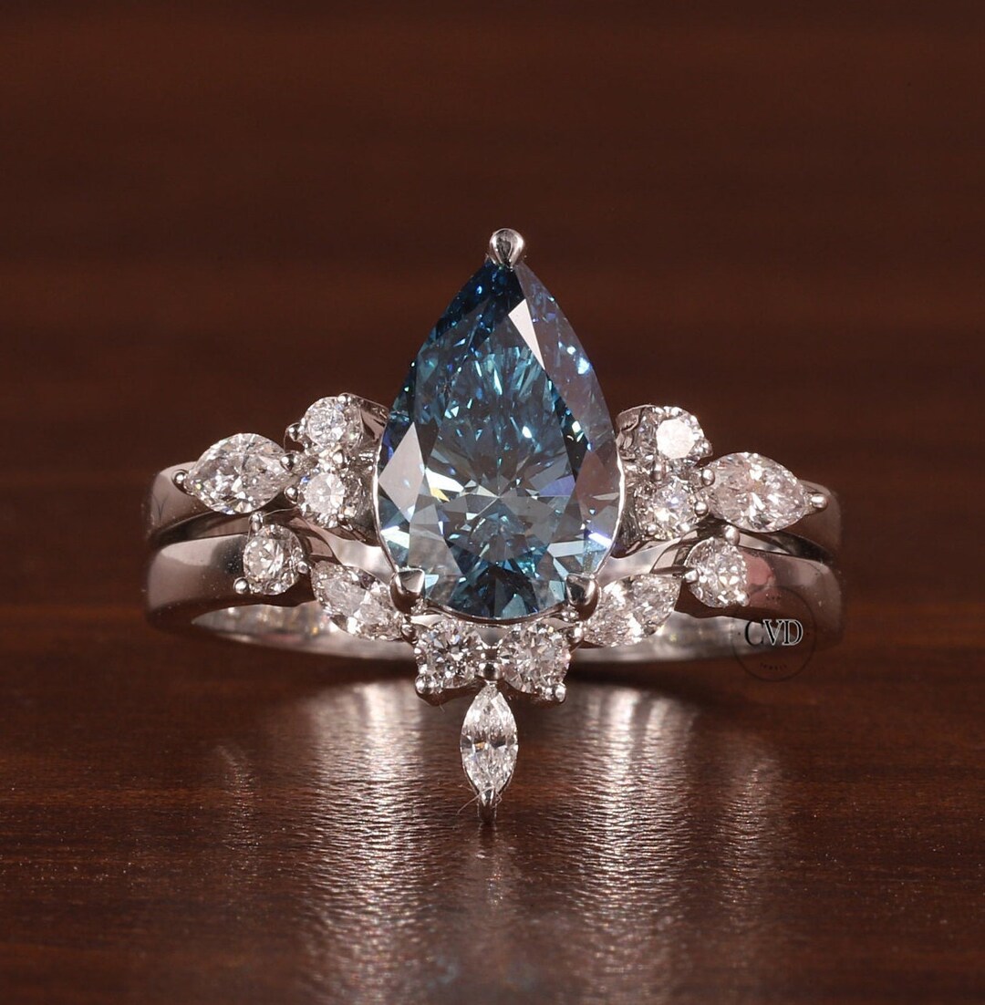 2 CT Blue Pear Cut Lab Grown Diamond Ring, Matching Curved Band ...