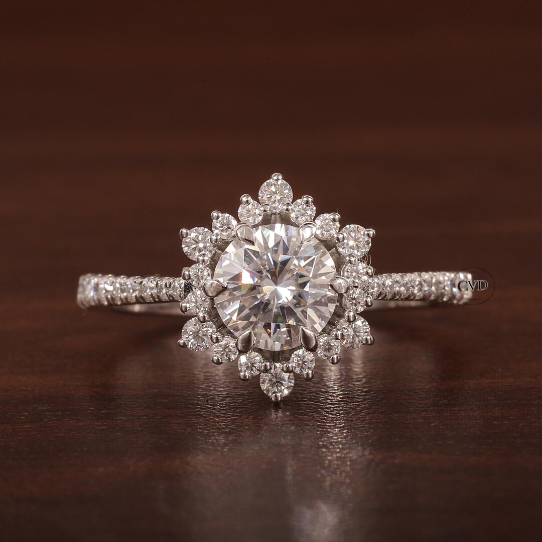 1 CT Starburst Round Cut Lab Grown Diamond Floral Halo Engagement Ring ...