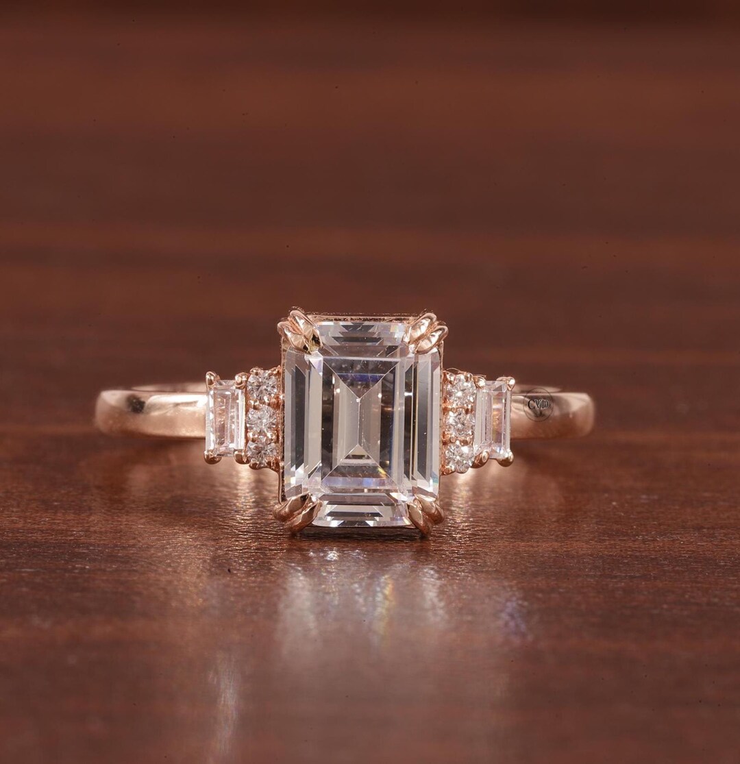 Solid Gold Emerald Cut Moissanite Engagement Ring, Vintage Promise Ring ...