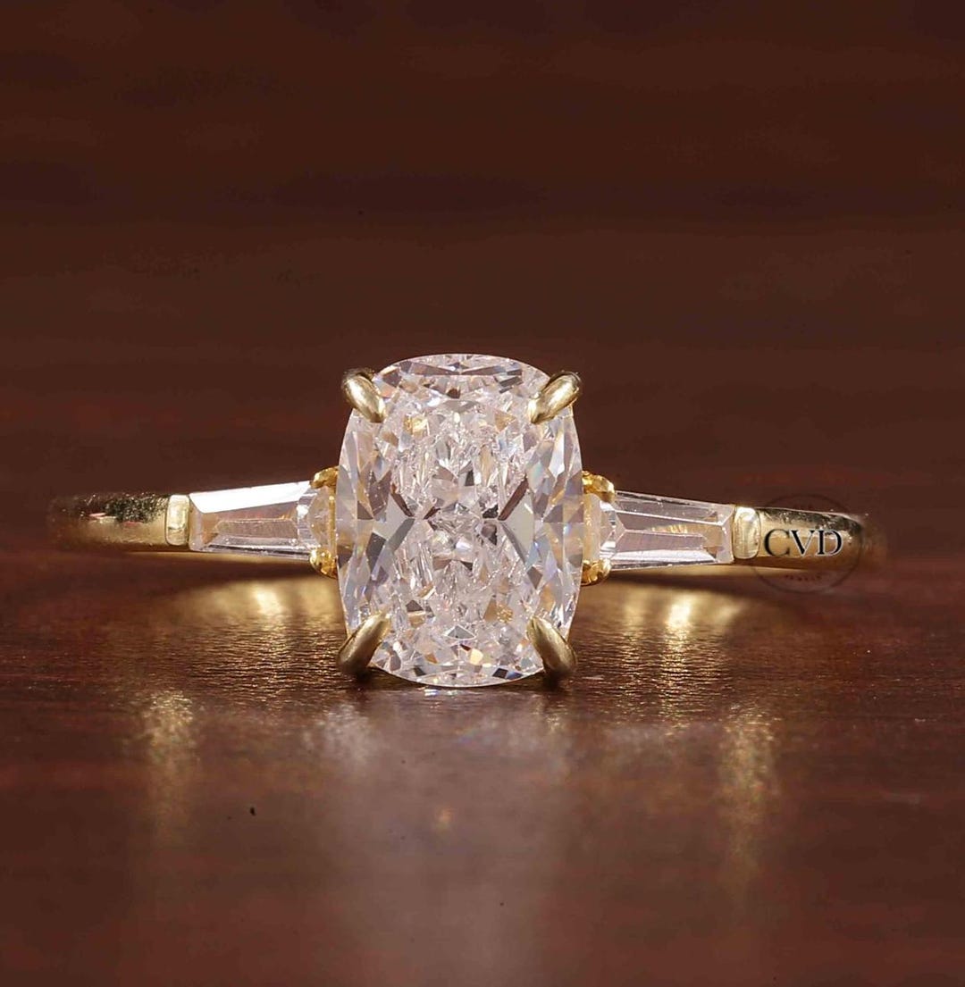 Elongated Cushion Cut Cvd Diamond With Side Baguettes,three Stone ...