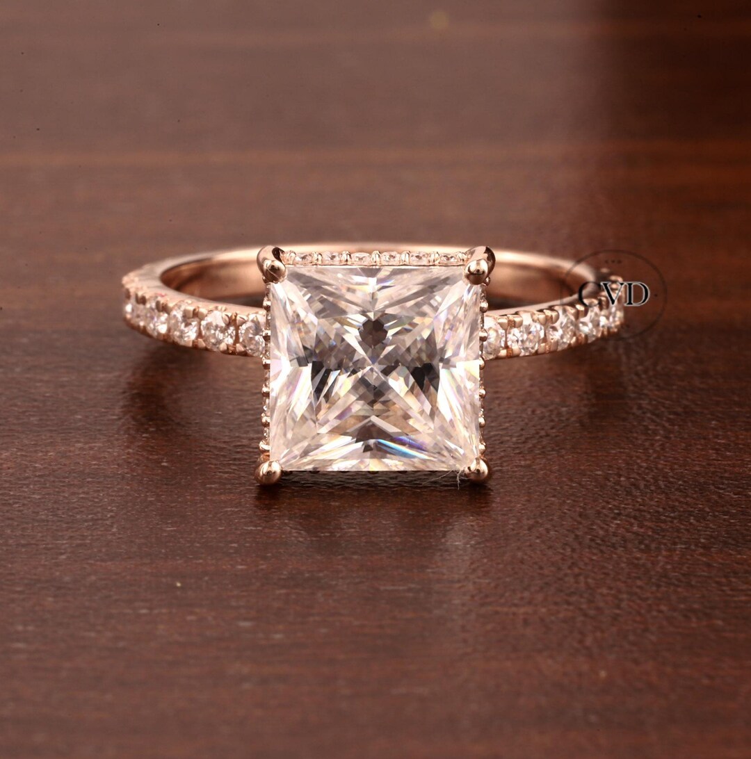 Moissanite Engagement Ring Princess Cut 14K Solid White Gold, Simple ...