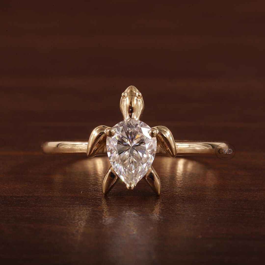 Turtle Engagement Ring, Pear Lab Grown Diamond Ring Yellow Gold Turtle ...