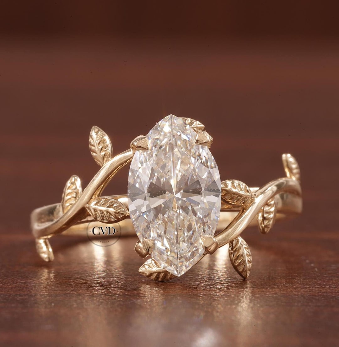 Nature Inspired Engagement Ring in Marquise Cut Lab Grown Diamond, Leaves and Petal Design ...