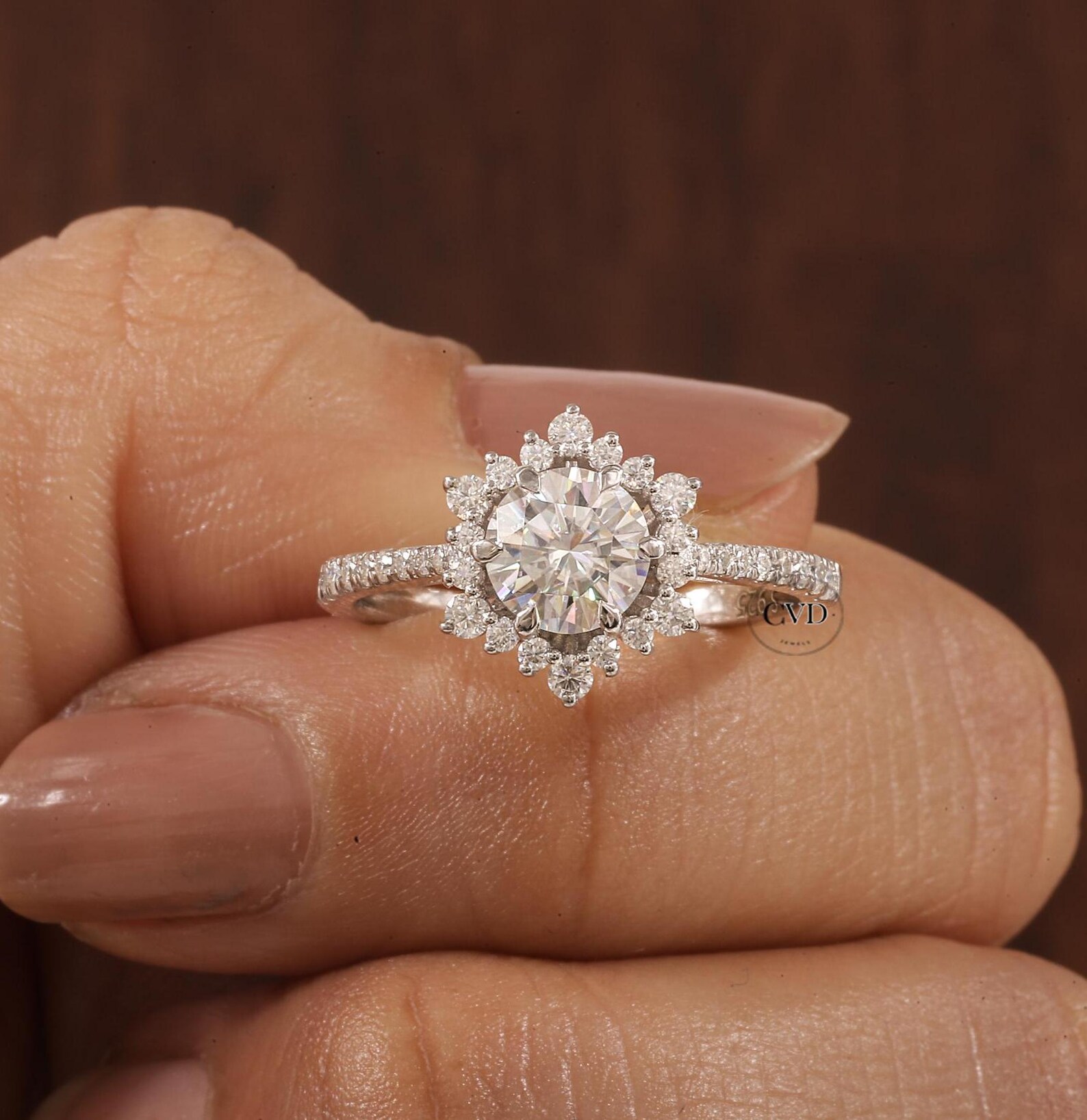 1 CT Starburst Round Cut Lab Grown Diamond Floral Halo Engagement Ring ...