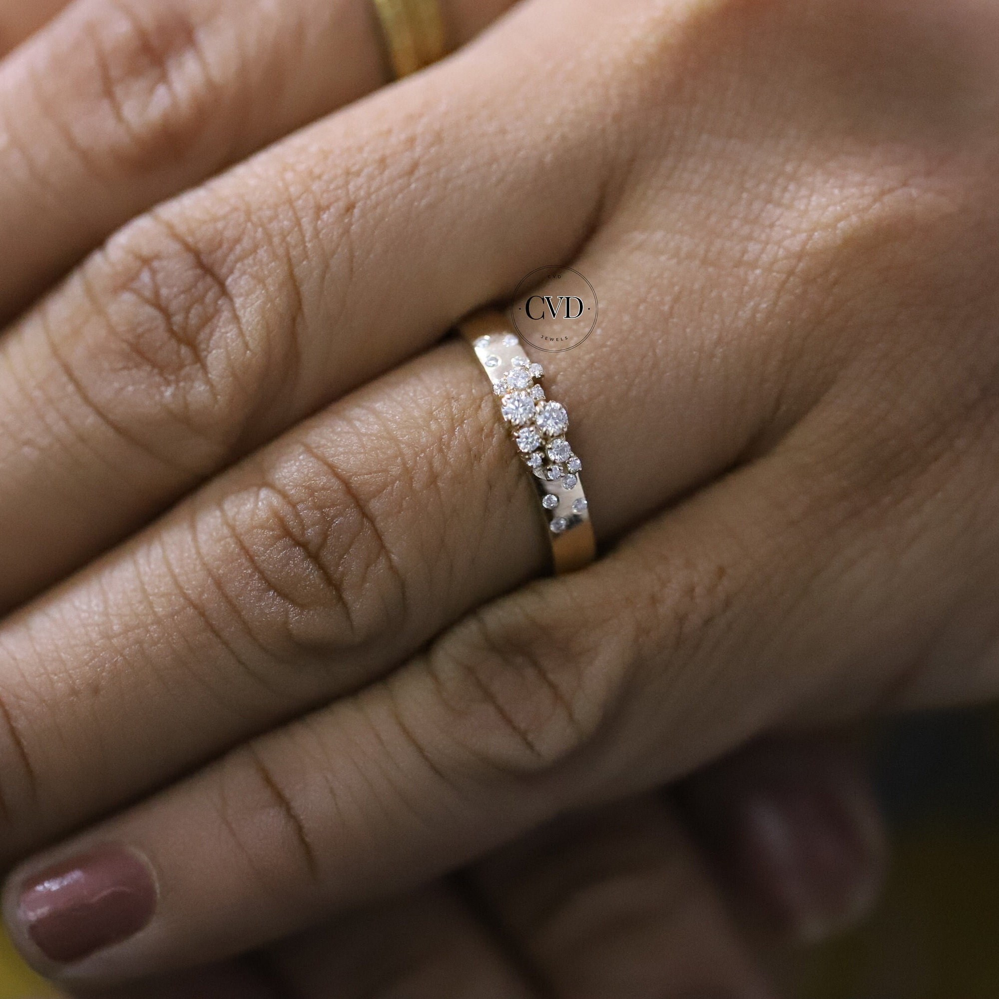 Cluster Wedding Band Ring, 14k Solid Gold Thick Anniversary Band, Lab ...