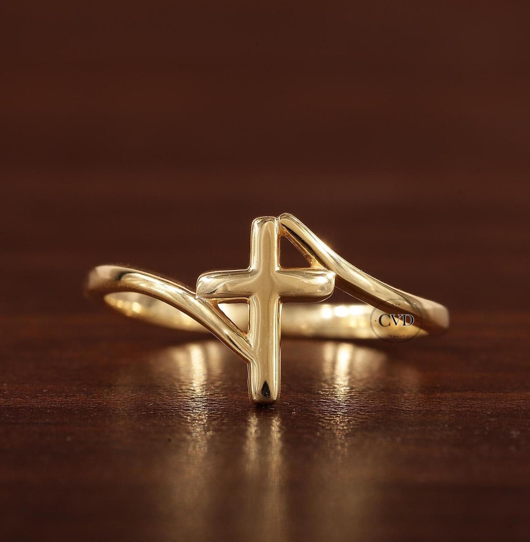 14K Solid Gold Ring Cross Religious Minimalist Dainty Christian Cross ...