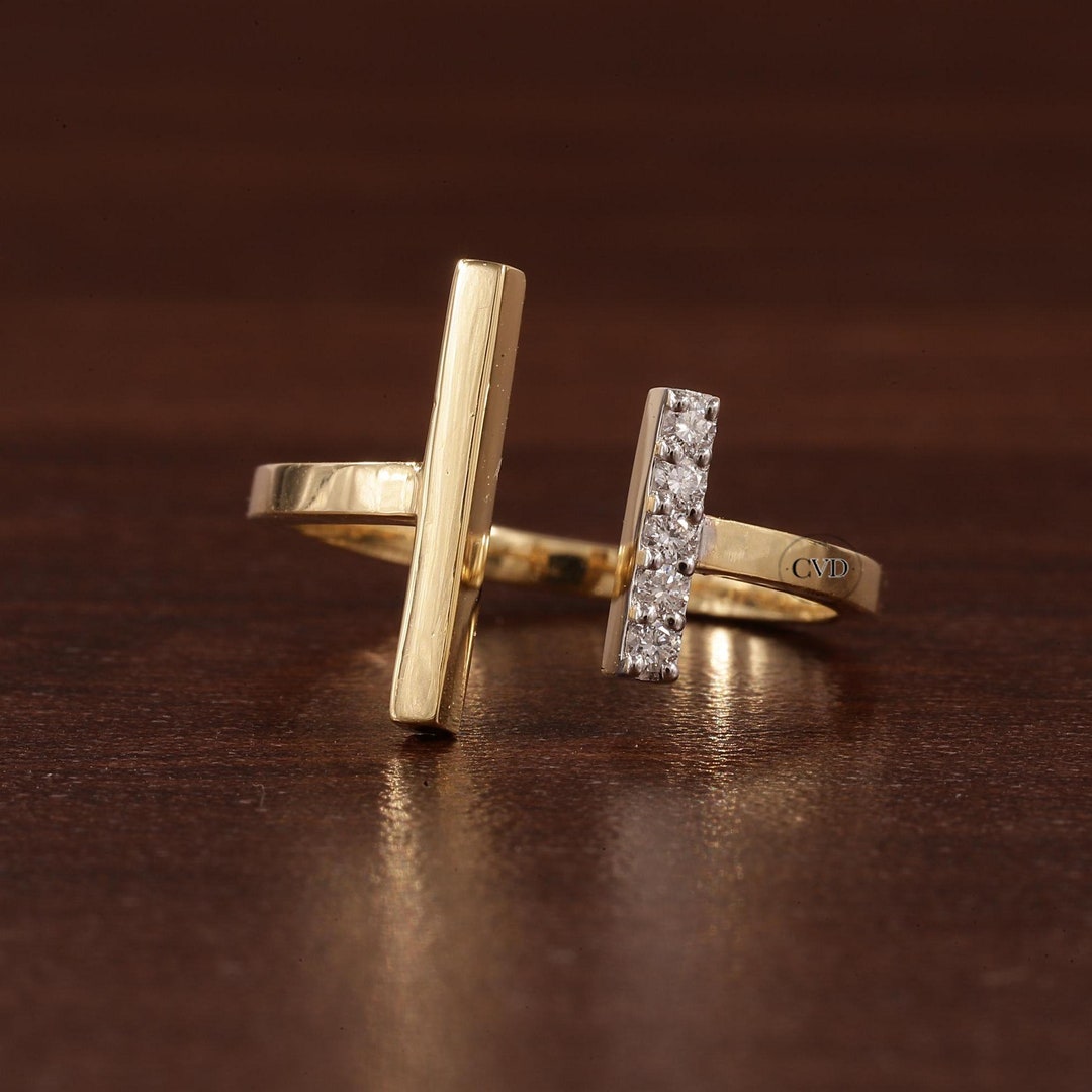 T Bar Ring Lab Grown Open Bar Ring 14k Gold Open Ring Thin Diamond Ring Stackable Band Birthday ...