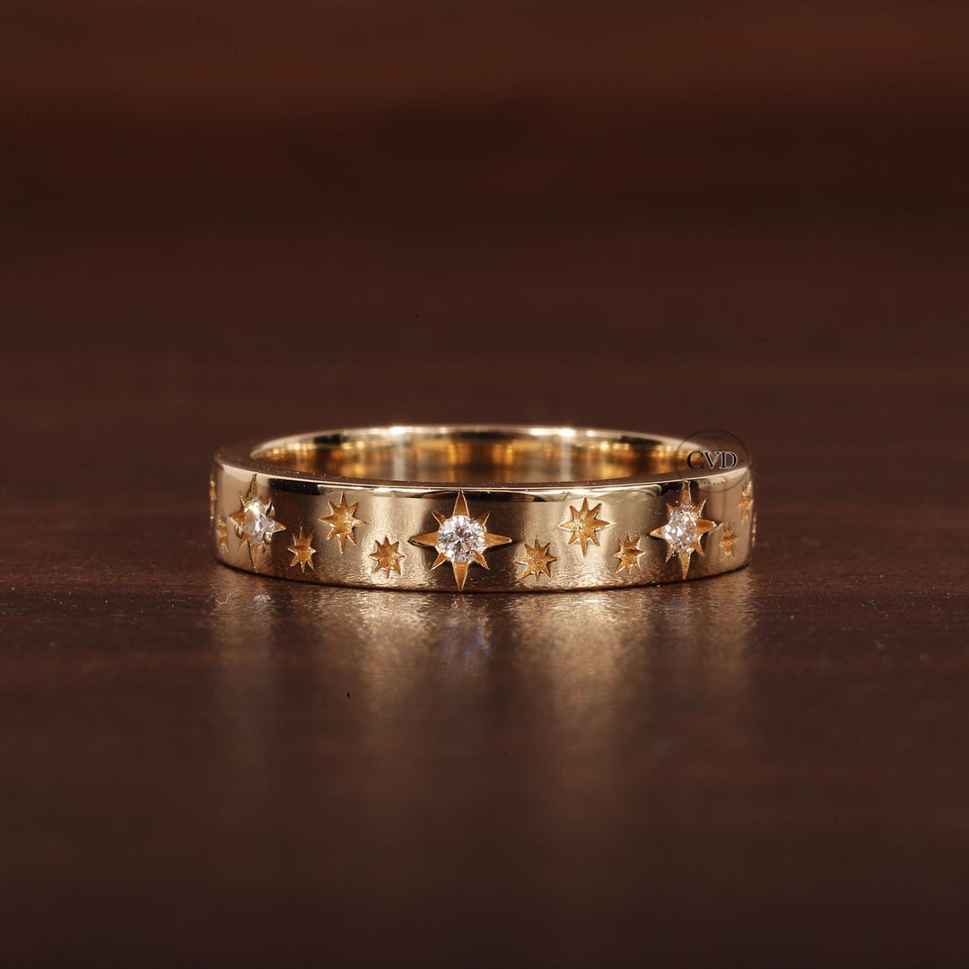 Round Starburst Wedding Band Ring, Round Lab Grown Diamond, Dainty Star ...