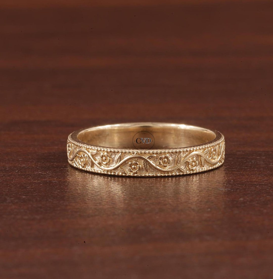 Milgrain Wedding Band Floral Wedding Band, Vintage Look Wedding Ring ...