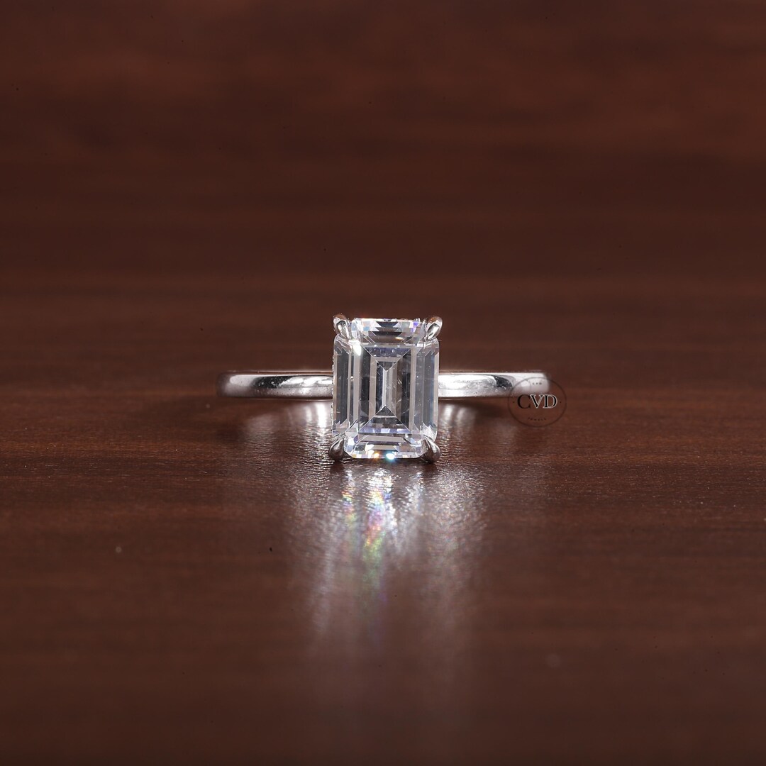 Emerald Cut Hidden Halo Lab Grown Diamond Engagement Ring, Emerald Lab ...