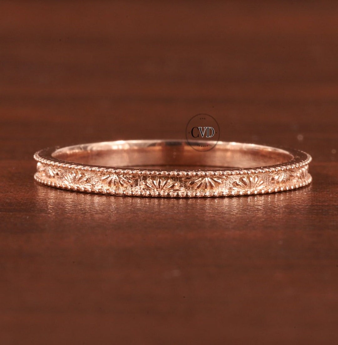 Art Deco Sunflower Pattern Engrave Wedding Ring Solid 10krose Gold ...