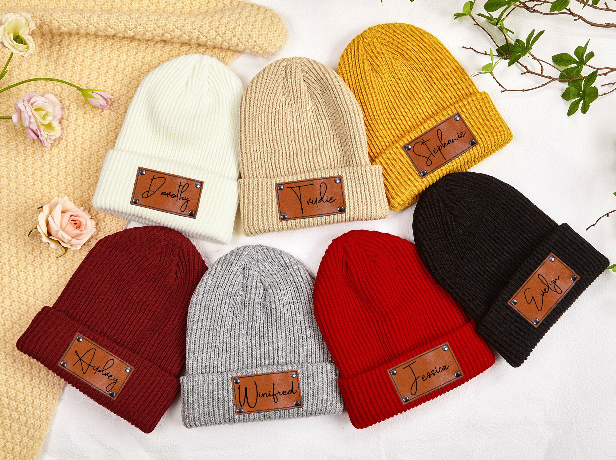 Beanie With Name Knitted Hat Leather Patch Beanies - Etsy