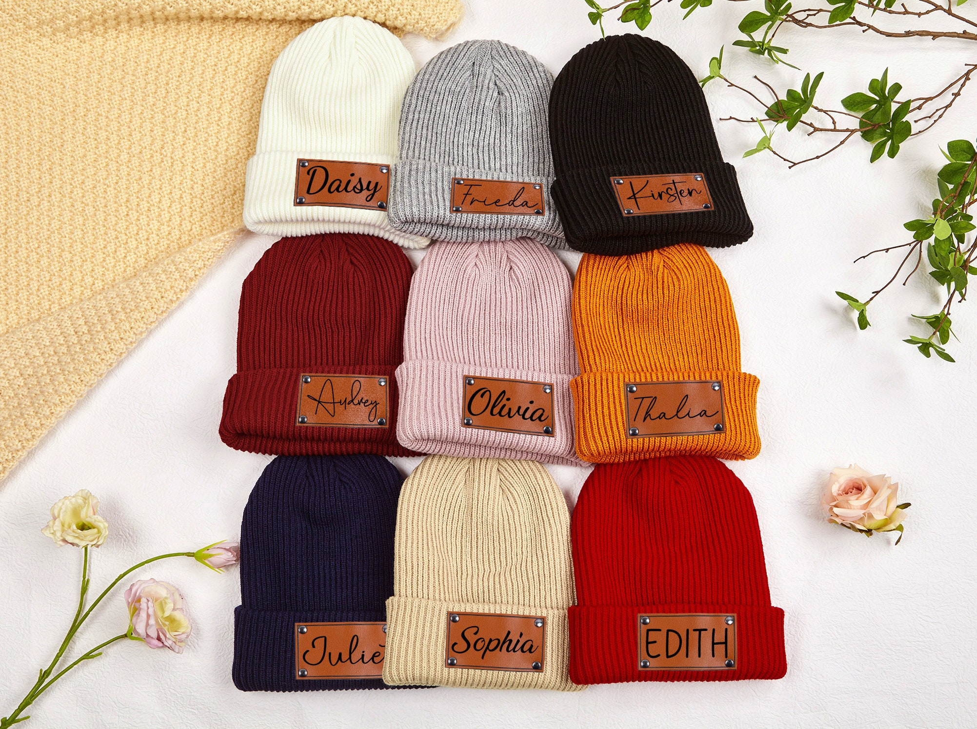 Beanie With Name, Knitted Hat, Leather Patch Beanies Personalized, Hand ...