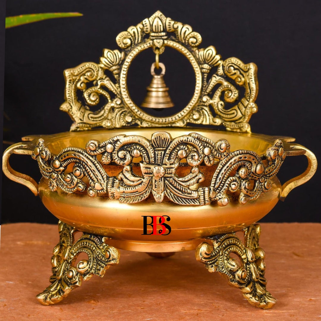 Brass Urli Bowl With Hanging Bell, Urli Bowl Brass Decor, Traditional ...
