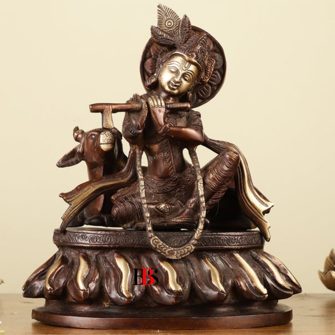 Cow Krishna Brass Statue With Multicolor, Brass Cow Krishna Playing ...