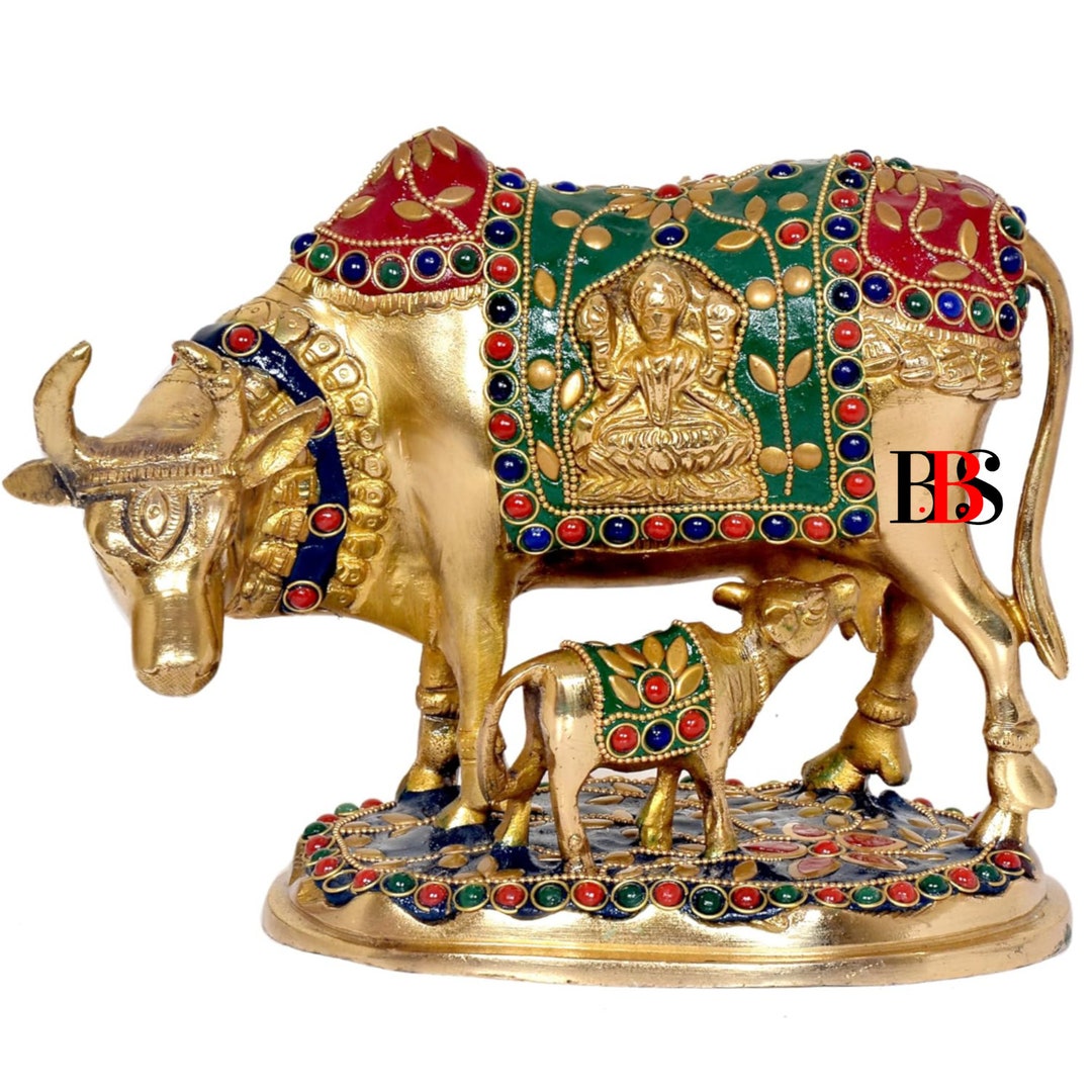Brass Kamdhenu Cow Calf Brass Statue With Stonework, Brass Cow and Calf ...