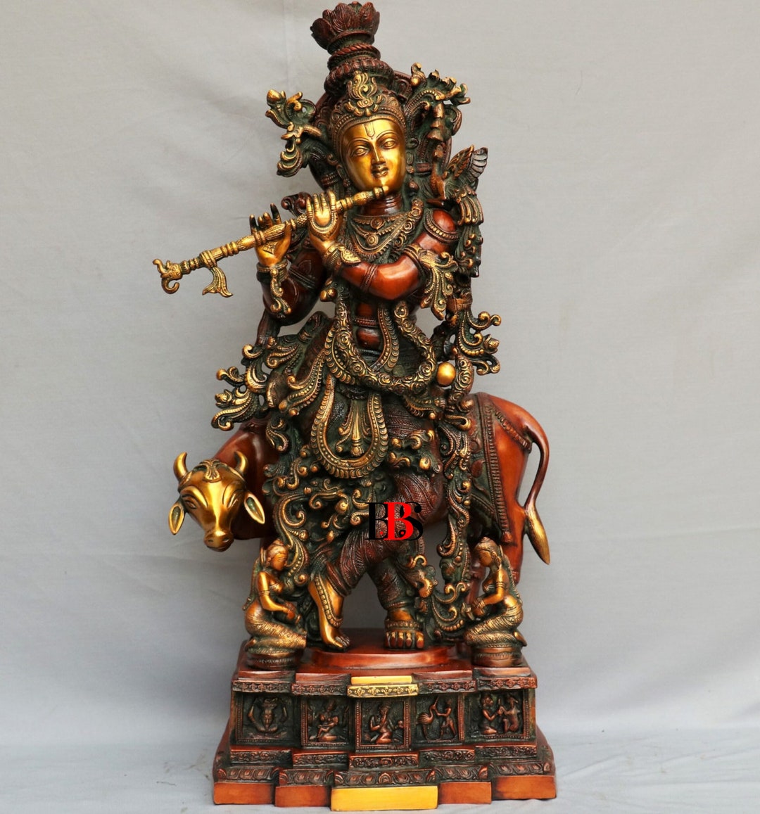 Cow Krishna Brass Statue With Multicolor Finished, Brass Cow Krishna ...
