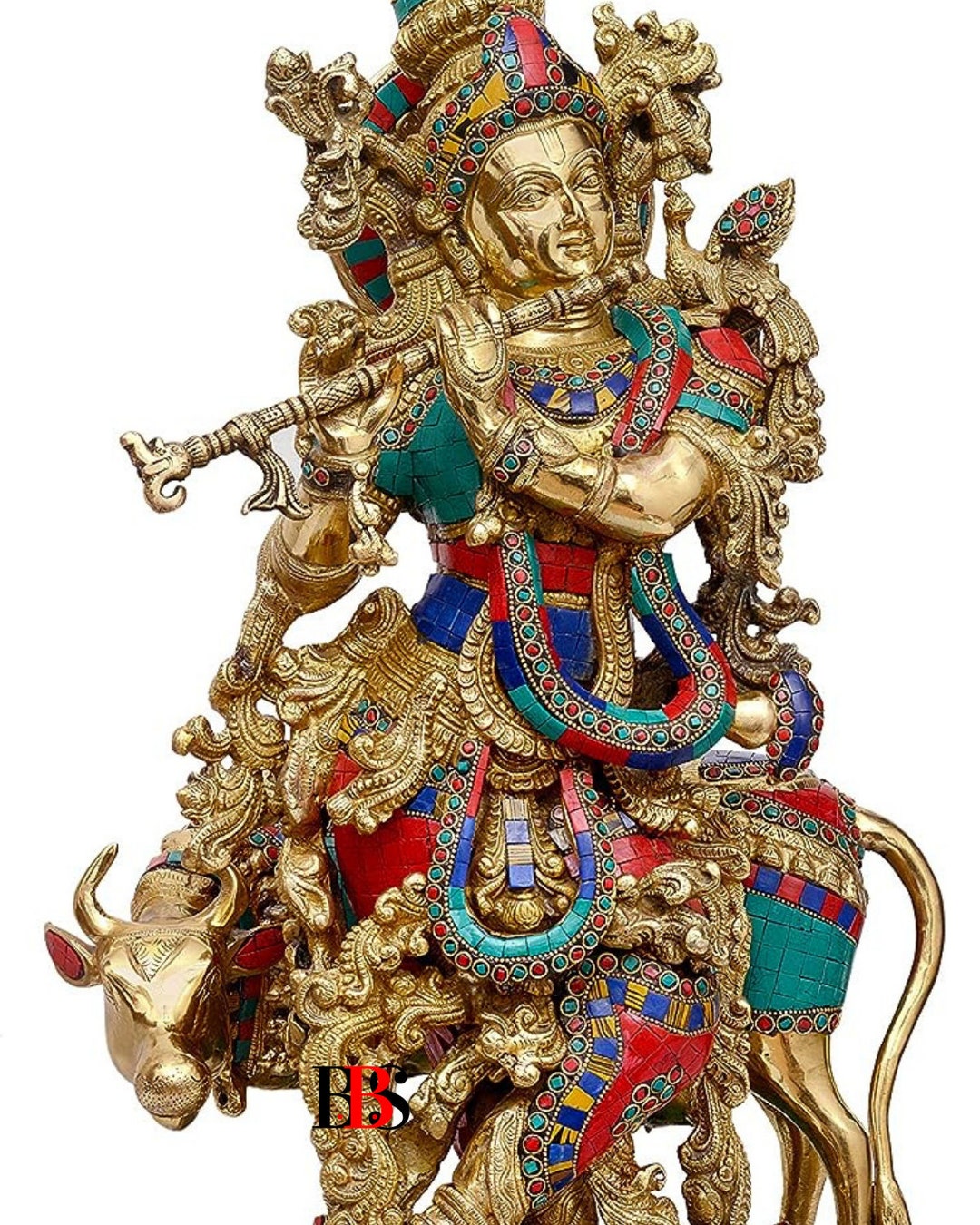 Krishna With Cow Brass Statue Stone Disinge Lord Krishna Cow - Etsy