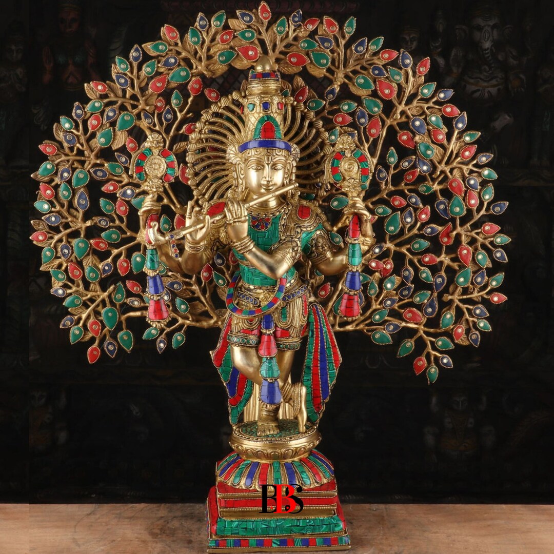 Krishna With Tree Brass Statue With Stone , Lord Tree Krishna Statue ...