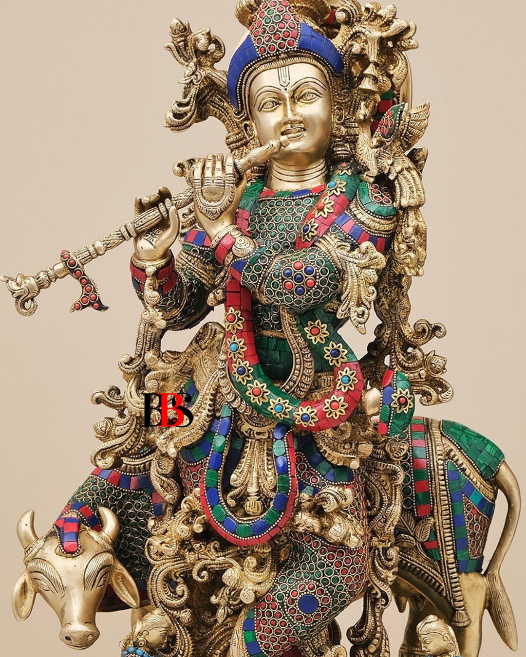 Krishna With Cow Brass Statue Stone Disinge Lord Krishna Cow - Etsy