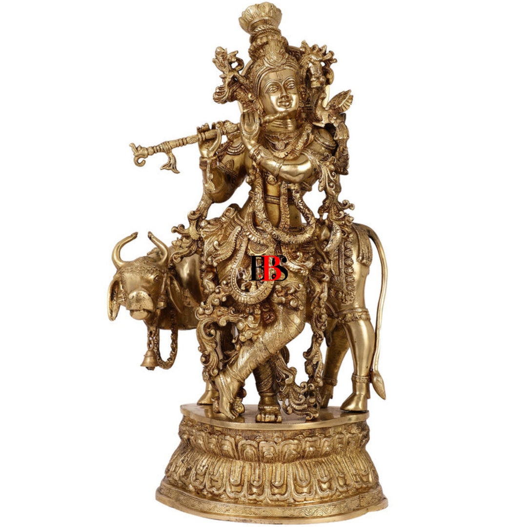 Cow Krishna Brass Statue, Large Cow Krishna Statue, Brass Cow Krishna ...