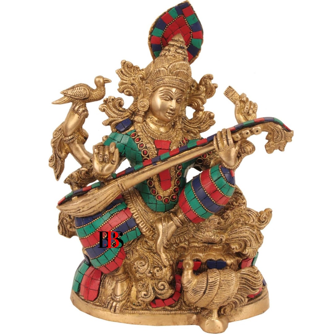 Saraswati Brass Statue With Stonework, Home Decor, Indian Brass Art ...