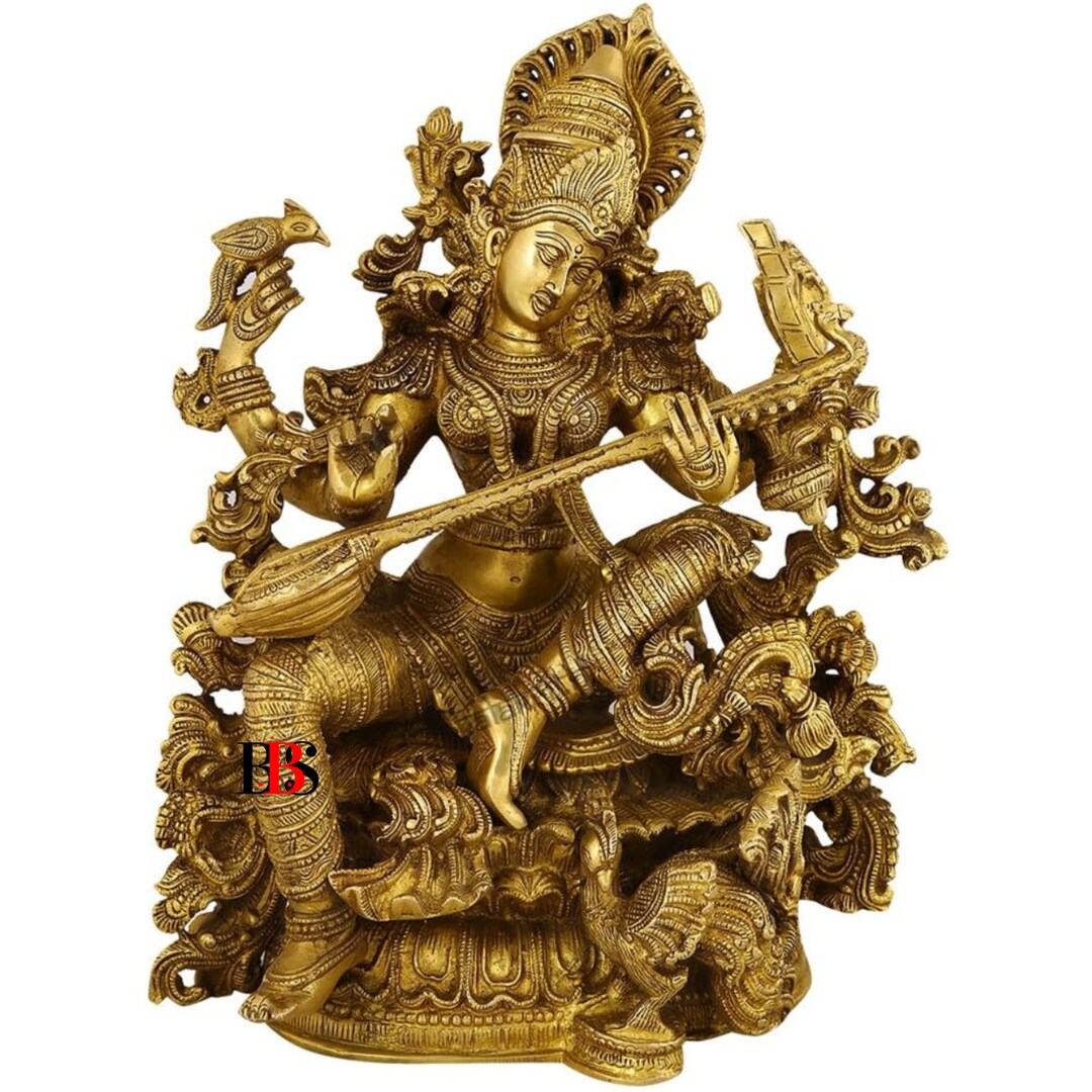 Saraswati Brass Statue With Golden, Home Decor, Indian Brass Art, Brass ...