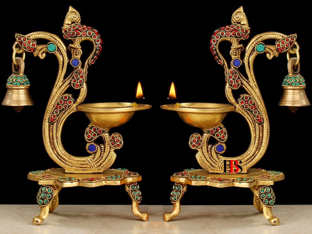 Diya Brass Peacock With Hanging Bell, Deepak Peacock Oil Lamp Set of 2 ...
