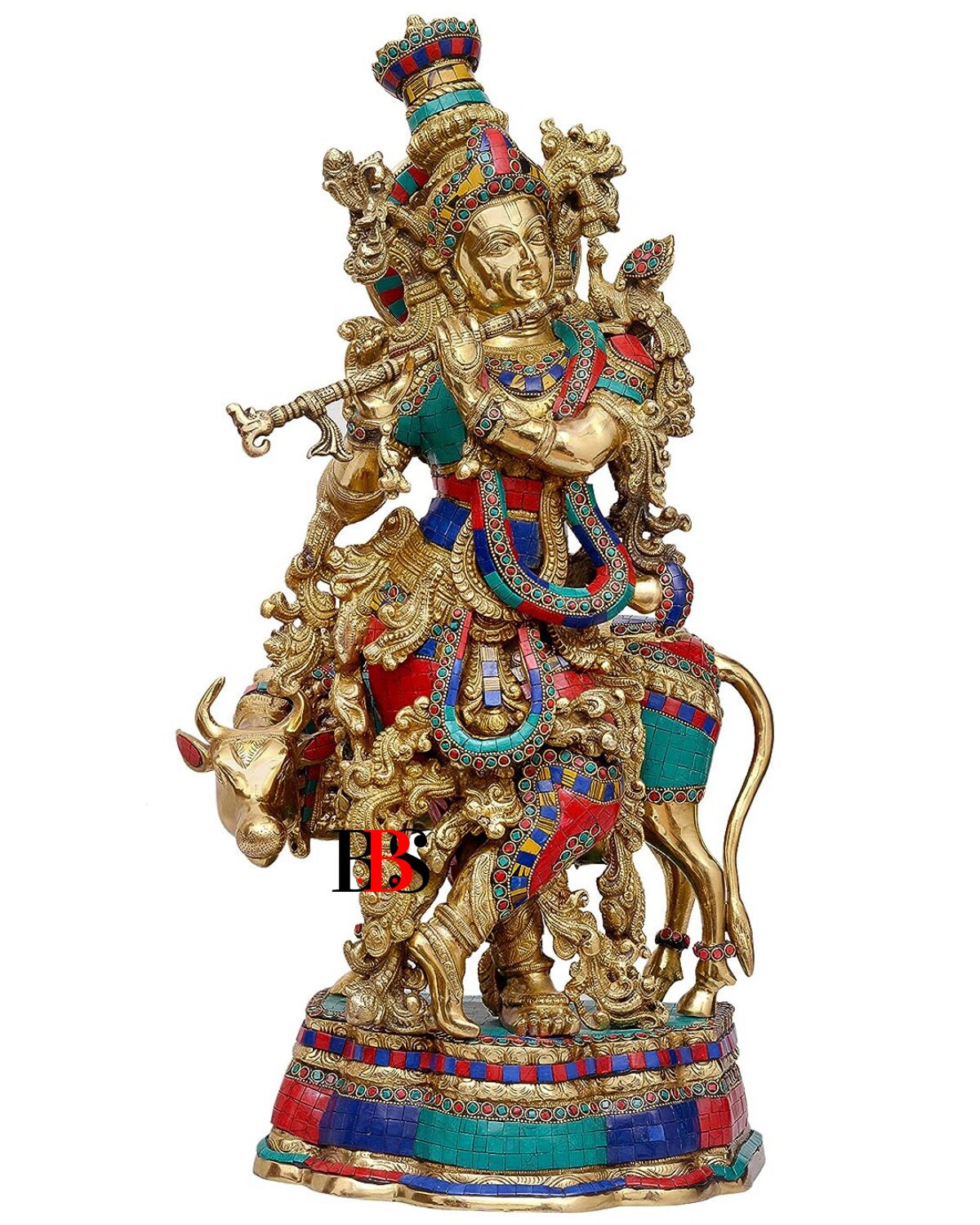 Krishna With Cow Brass Statue Stone Disinge Lord Krishna Cow - Etsy