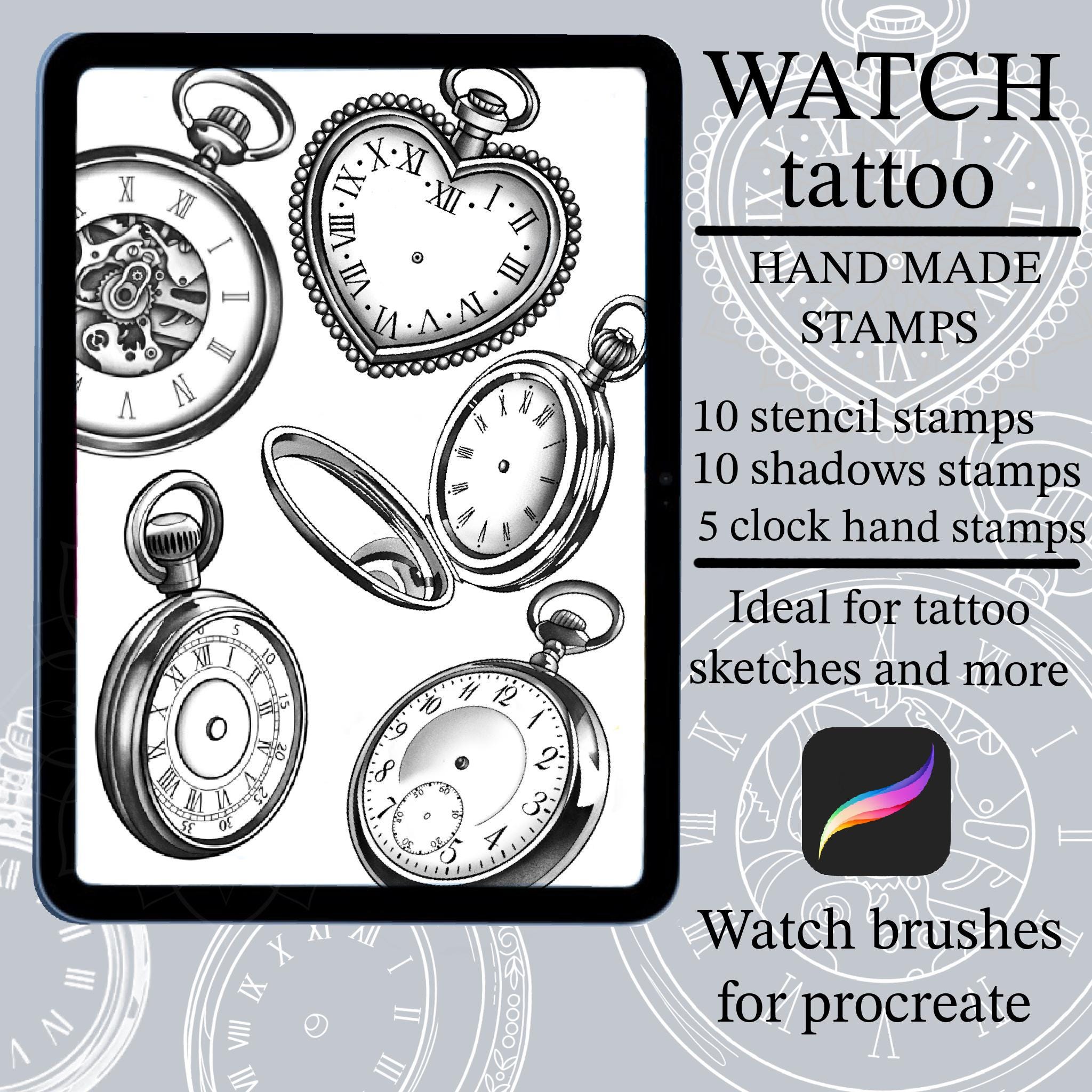 Procreate Pocket Watch Brush Set | Procreate Stamps | Tattoo Flash | Procreate Flash | Procreate ...